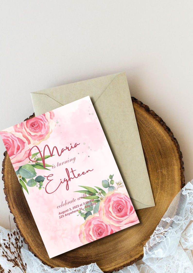 Pink Floral Birthday Party Invitation, Editable Canva Template, Boho ...