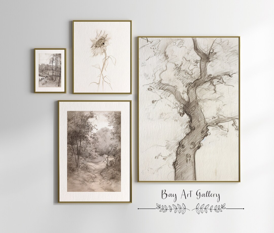 Vintage Tree Wall Prints Set of 4 Rustic Farmhouse Set Printable Wall ...