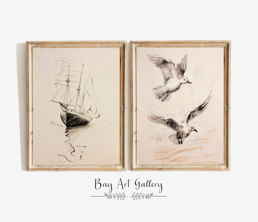 Muted Nautical Seascape Wall Art SET of Two / Minimalist Coastal Sketch ...