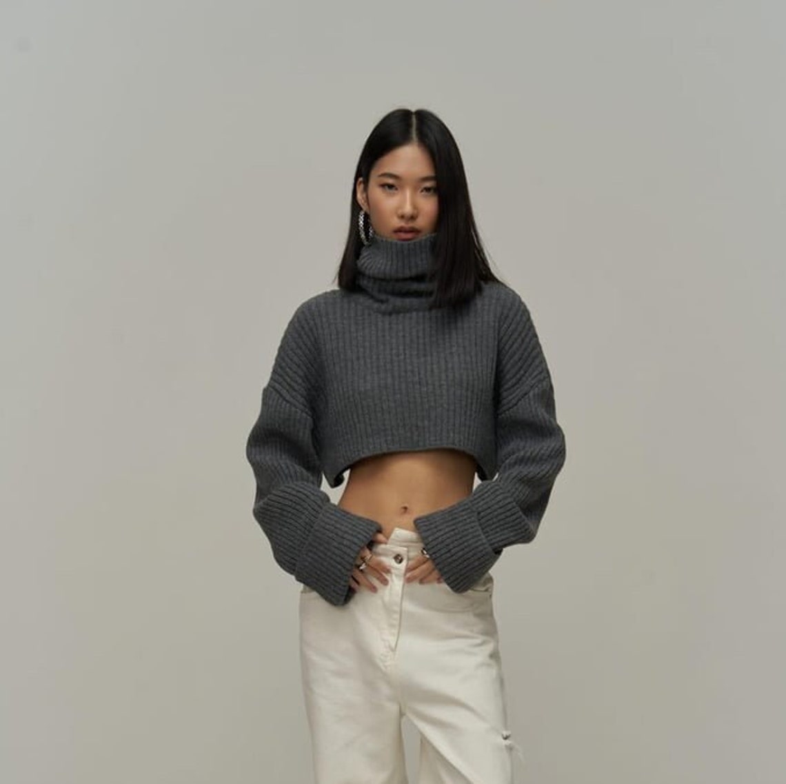 Knit Turtleneck Cropped Sweater, Crop Wool Sweater, Turtleneck Sweater ...