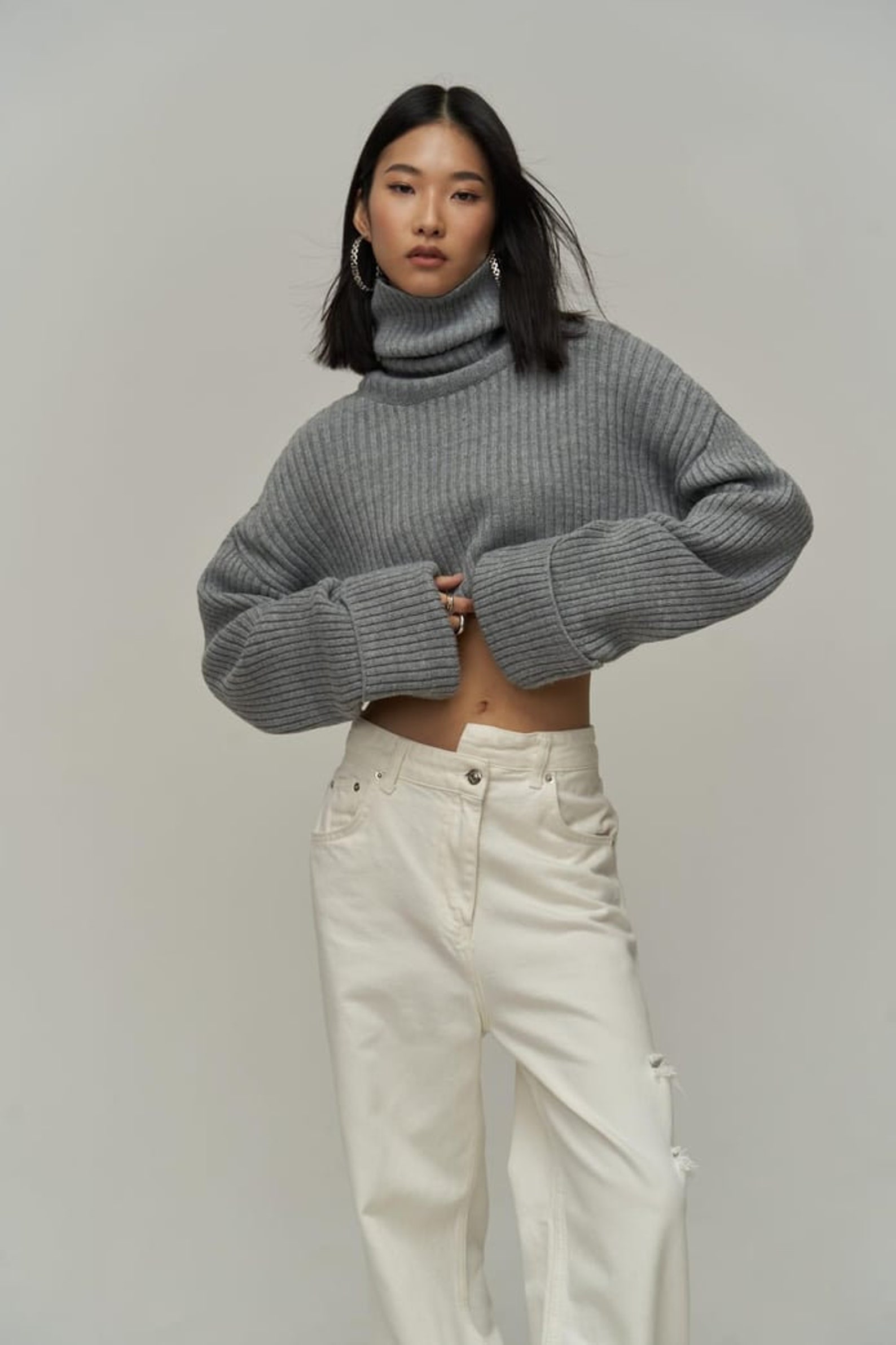 Knit Turtleneck Cropped Sweater, Crop Wool Sweater, Turtleneck Sweater ...