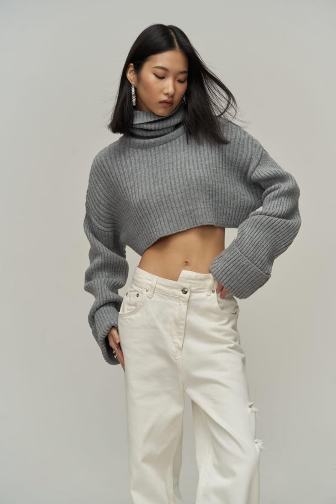 Knit Turtleneck Cropped Sweater, Crop Wool Sweater, Turtleneck Sweater ...