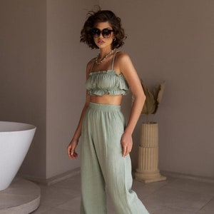 Cotton Set. Muslin Top and Pants,muslin Sleeveless Croptop,elastic ...