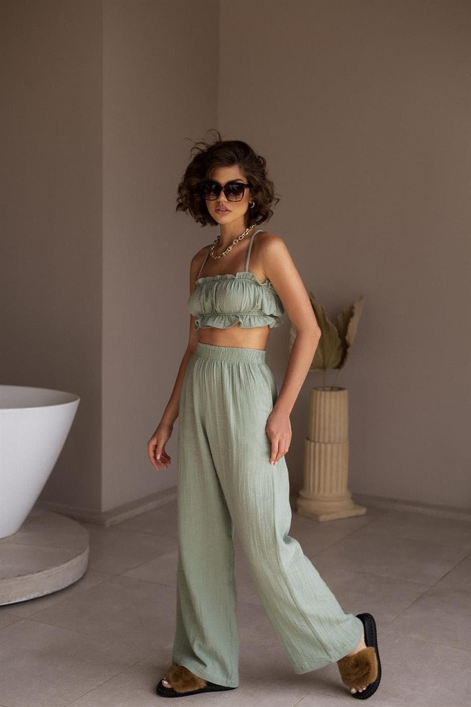 Cotton Set. Muslin Top and Pants,muslin Sleeveless Croptop,elastic ...