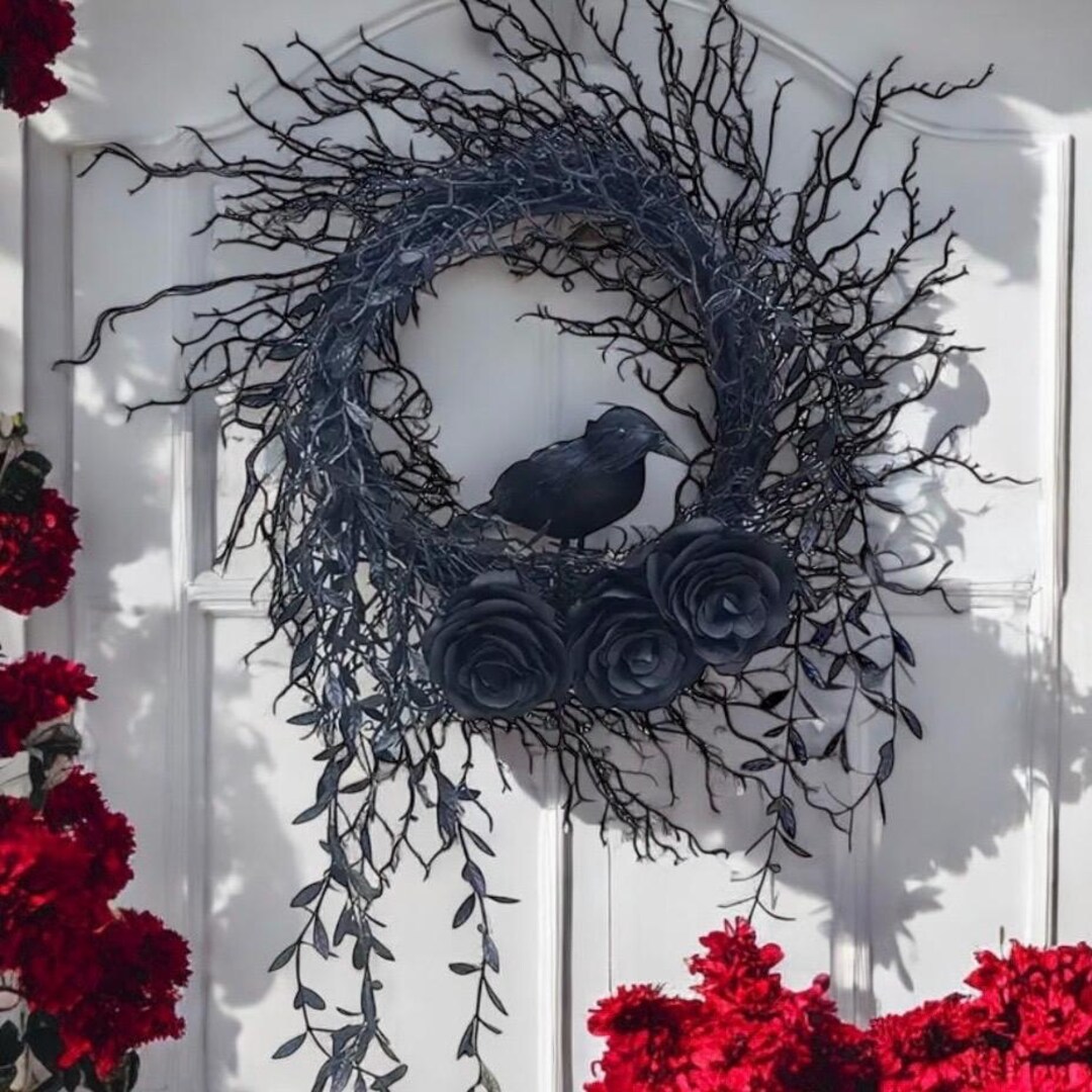 Black Branch Wreath Raven Halloween Wreath Gothic Homeware Fall Wreath ...