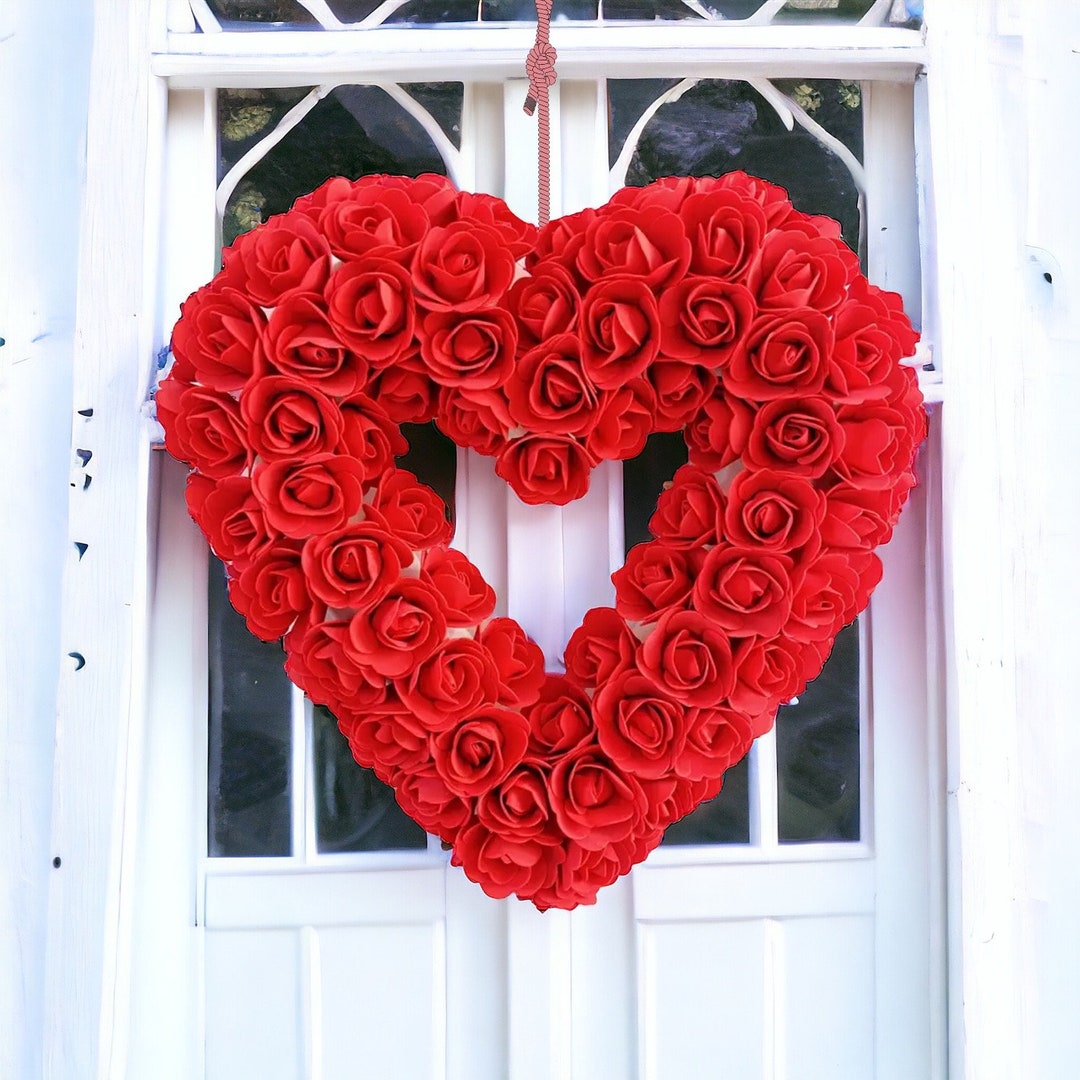 Handmade Red Rose Wreath Pink Heart Wreaths Valentines Decor Mothers ...