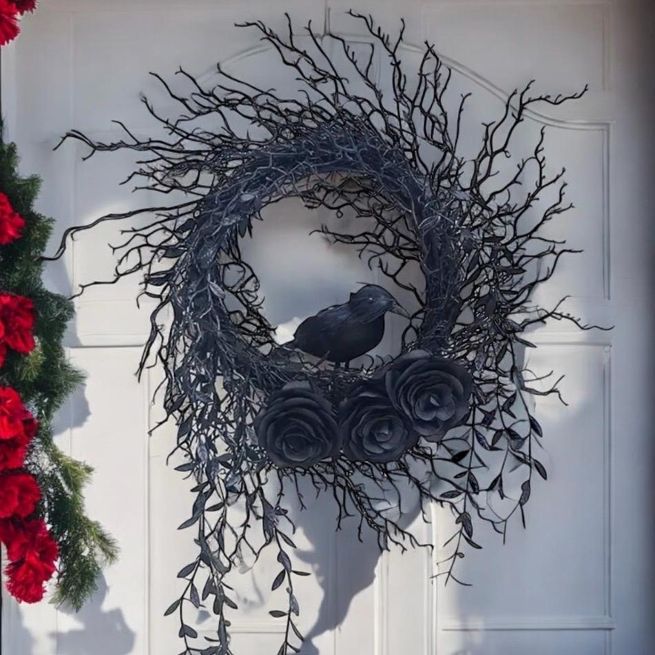 Black Branch Wreath Raven Halloween Wreath Gothic Homeware Fall Wreath ...