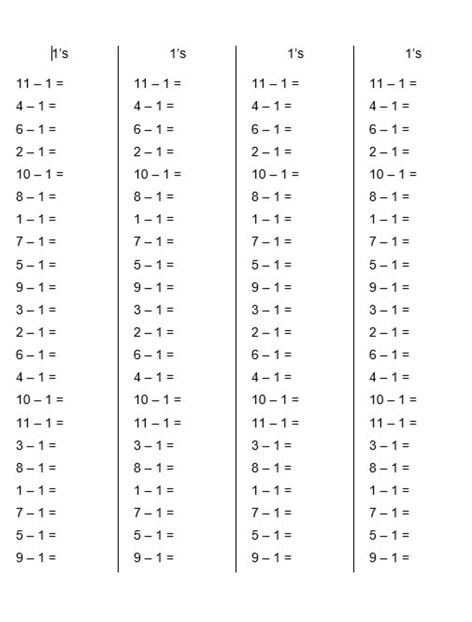 Subtraction Speed Strip Tests Facts 0-12 Digital Download - Etsy