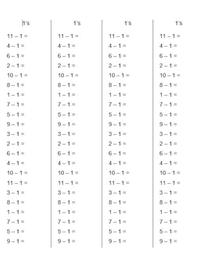 Subtraction Speed Strip Tests Facts 0-12 Digital Download - Etsy