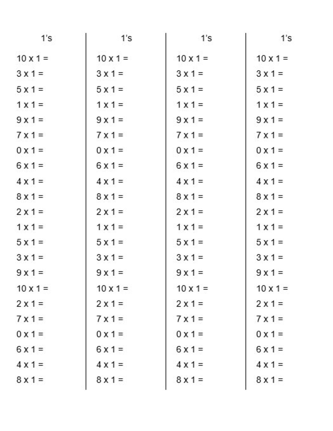 Multiplication Speed Strip Tests Facts 0-12 Digital Download - Etsy