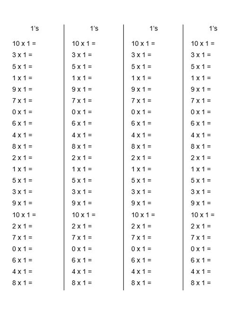 Multiplication Speed Strip Tests Facts 0-12 Digital Download - Etsy