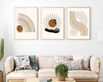 Mid Century Modern Art Print, Set of 3 Wall Prints, Boho Art Prints, Beige, Neutral Modern Wall ...