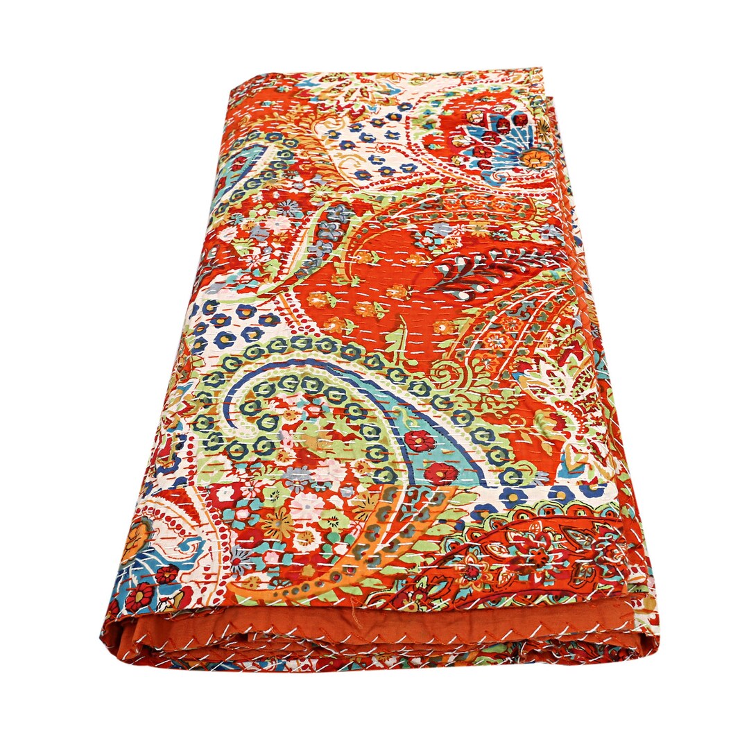 Kantha Orange Paisley Cotton Blanket Indian Quilt Bohemian Décor Kantha ...