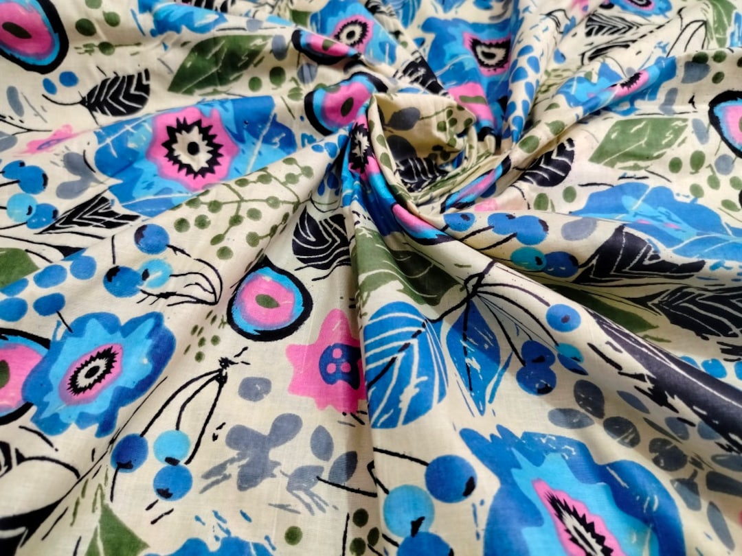 Blue Floral Cotton Fabric Indian Dressmaking Cotton Handmade Garment ...