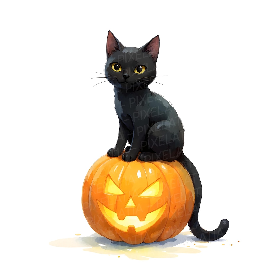 Black Cat Halloween Clipart Bundle, Watercolor Printable Bundle, 10 ...