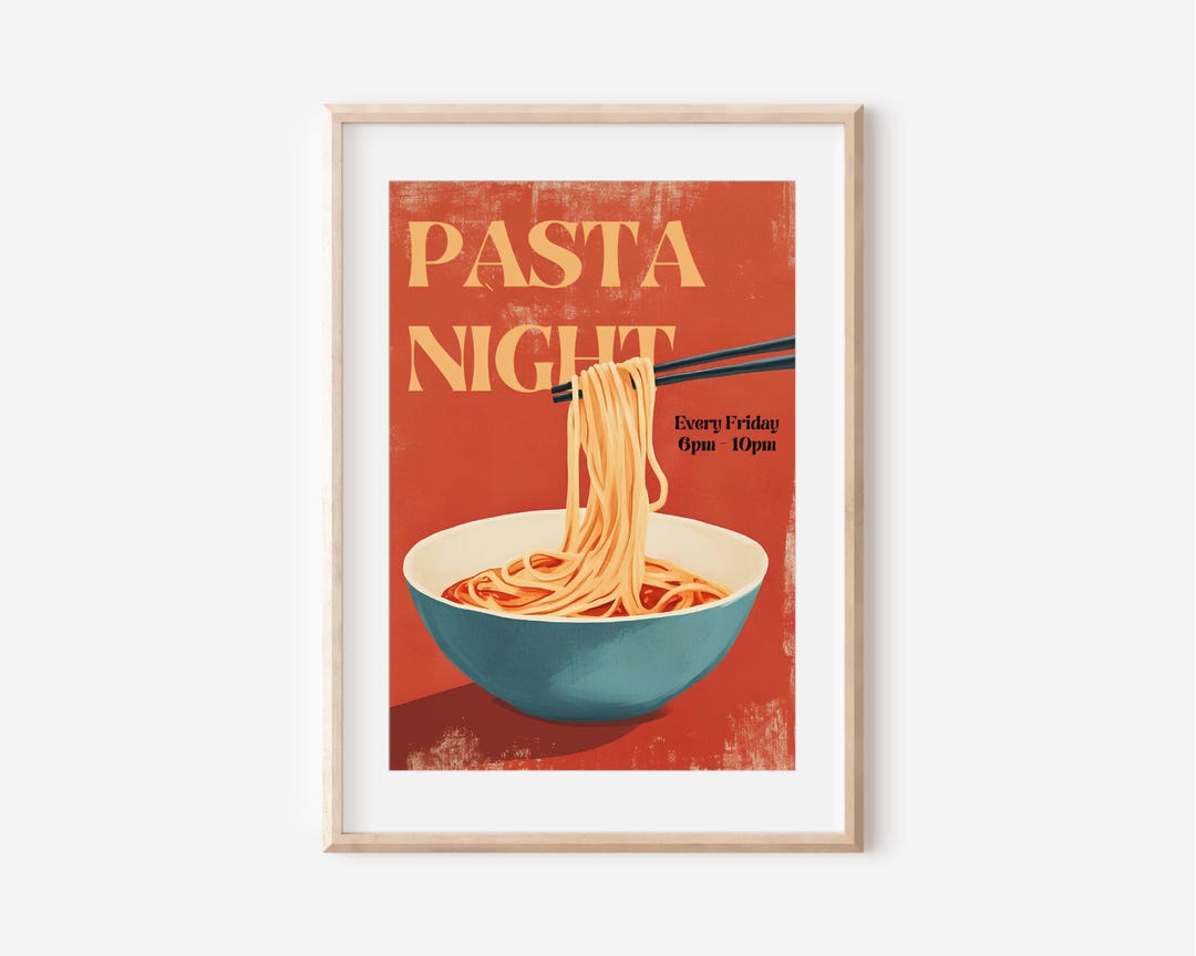 Pasta Night Poster Retro Spaghetti Printable Mid Century Kitchen Poster ...