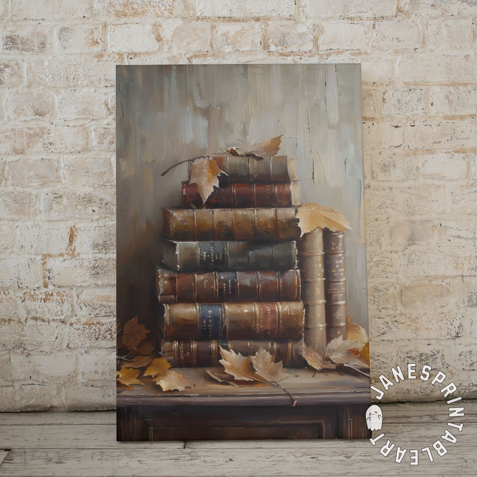 Moody Fall Bookish Wall Art Printable, Stacked Books and Autumn Foliage ...