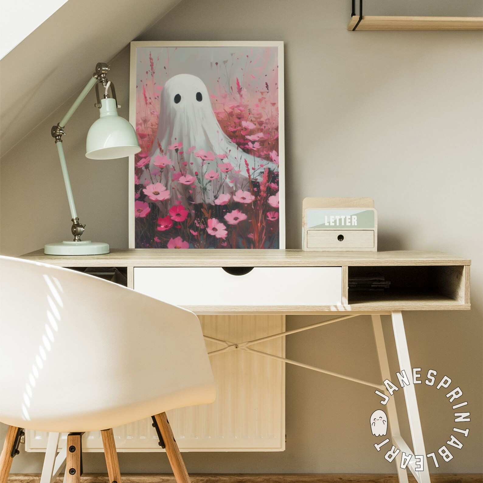 Cute Girly Ghost Among Pink Flowers Spooky Season Printable Wall Art ...