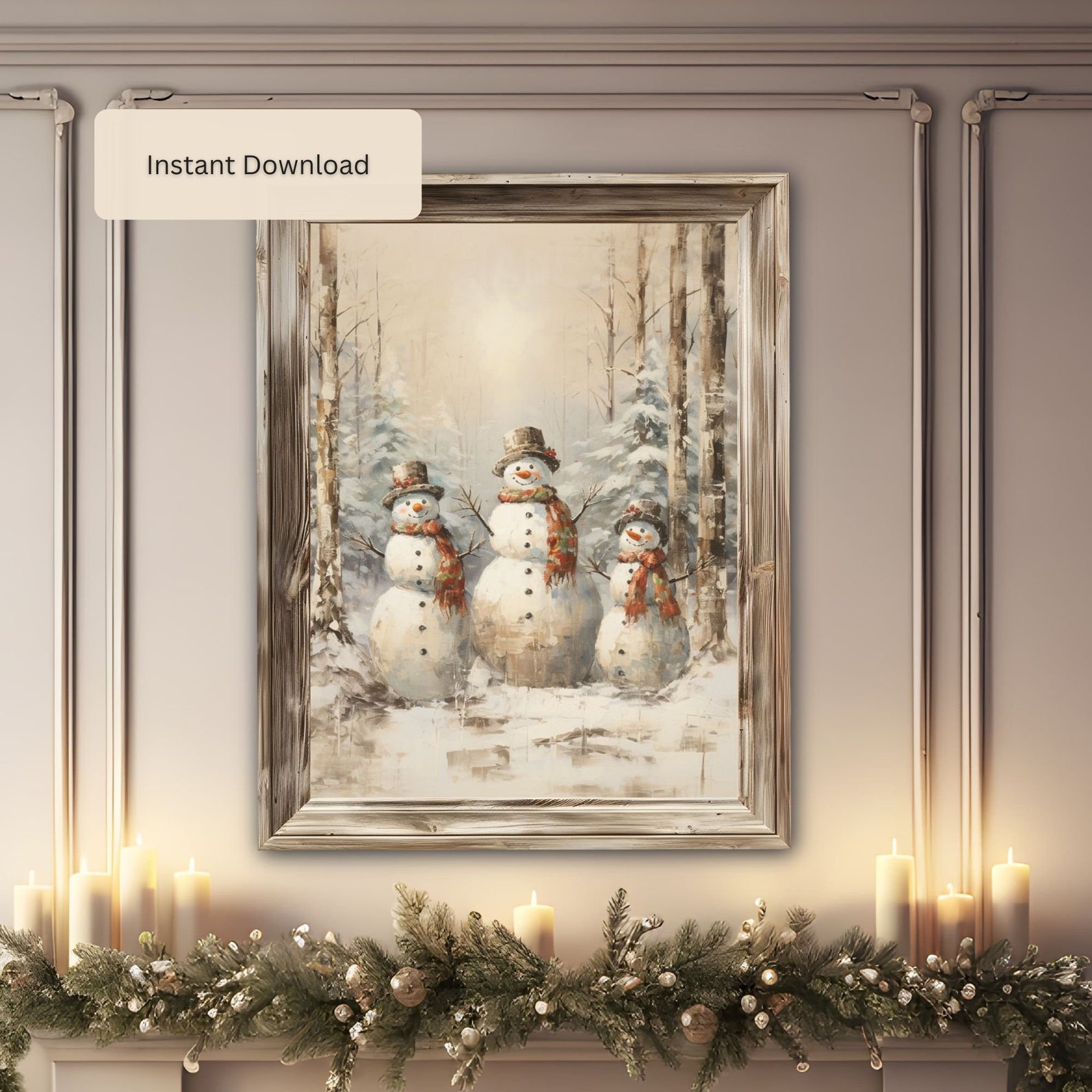 Winter Theme Print of Snowmen in the Snowy Forest, Christmas Muted ...