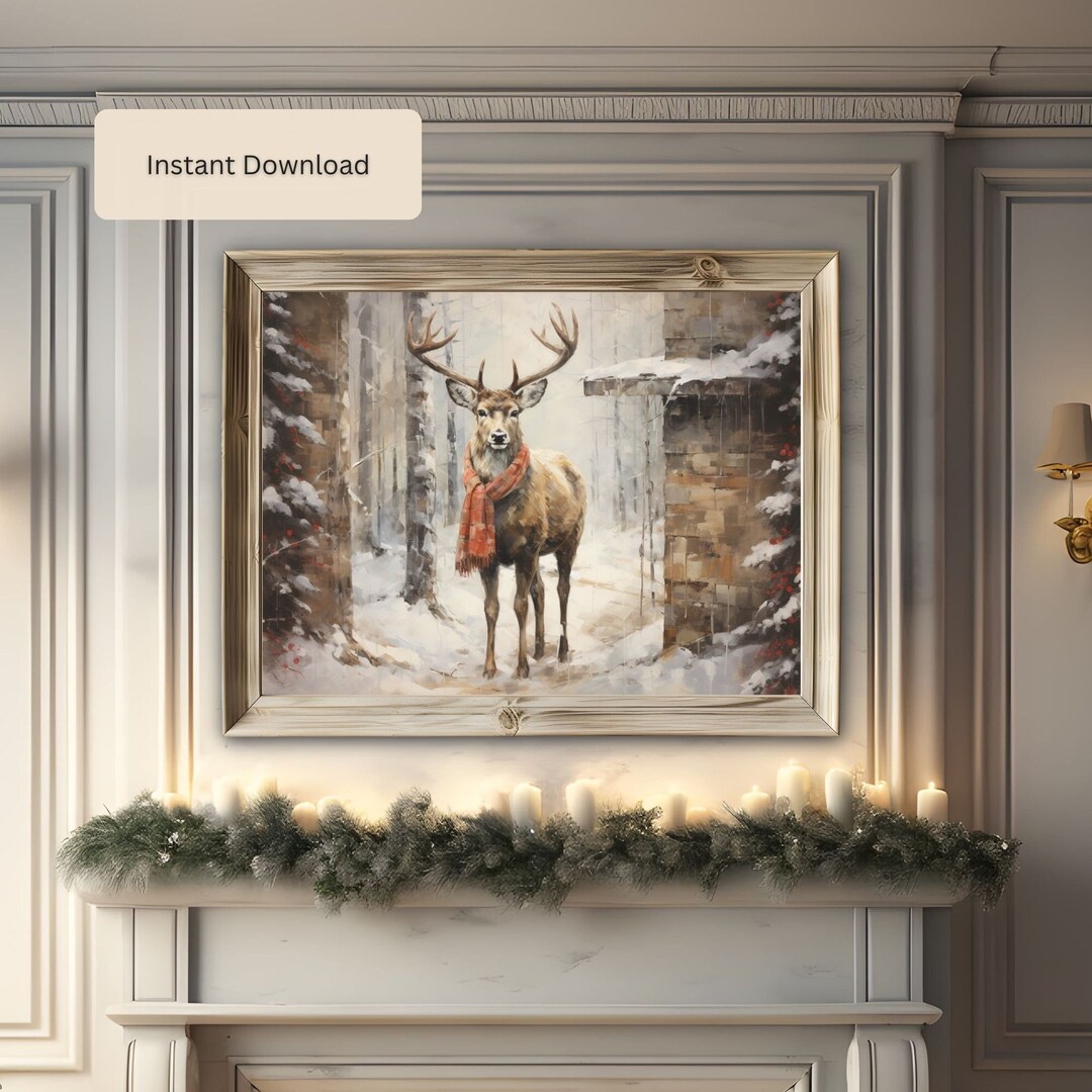 Cozy Winter Print Poster of a Reindeer in a Scarf, Christmas Reindeer ...