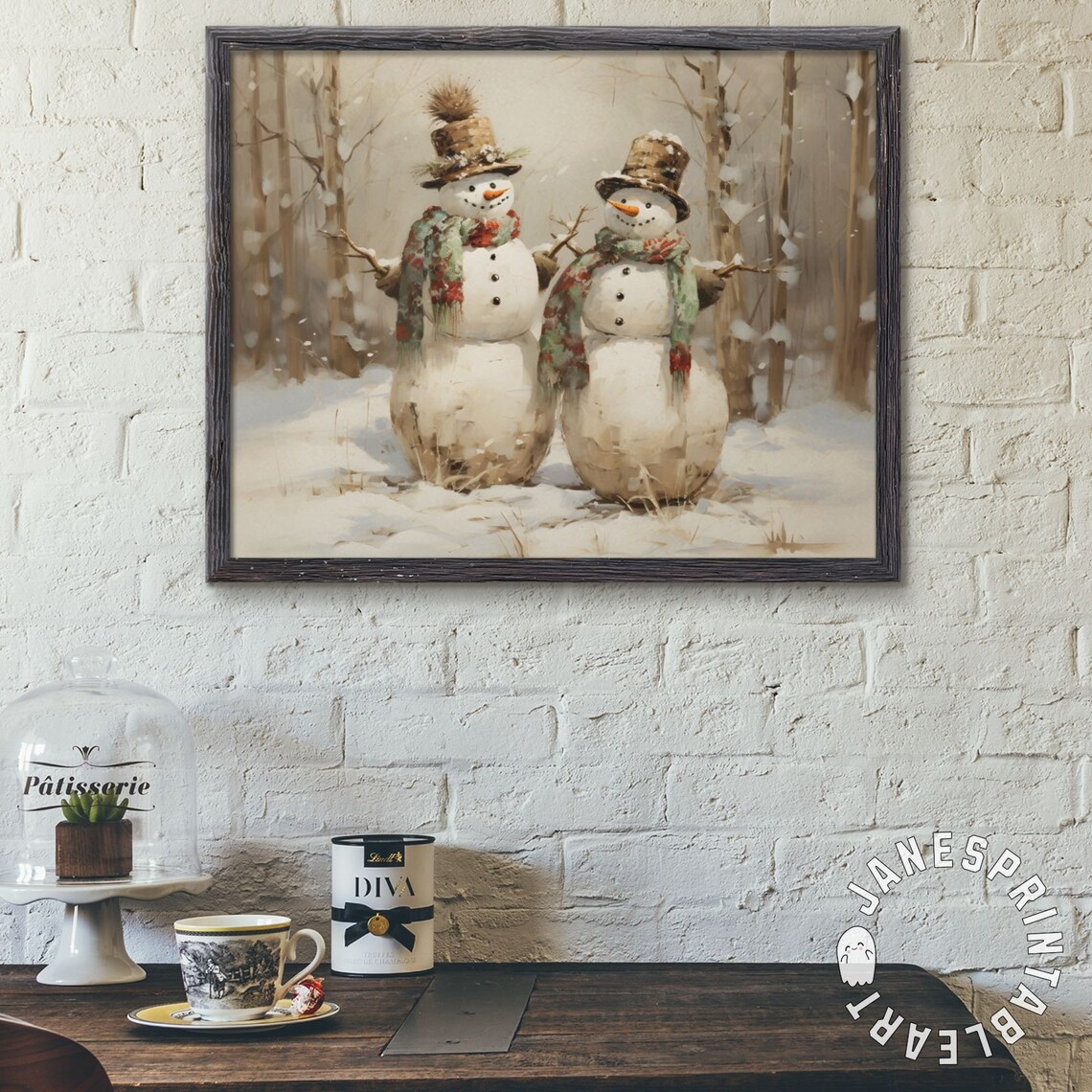 Vintage Snowmen Standing in the Woods, Winter Printable Wall Art ...