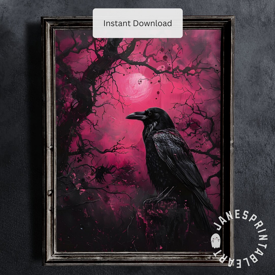 Raven in Pink Landscape Printable Wall Art, Spooky Halloween Magenta ...