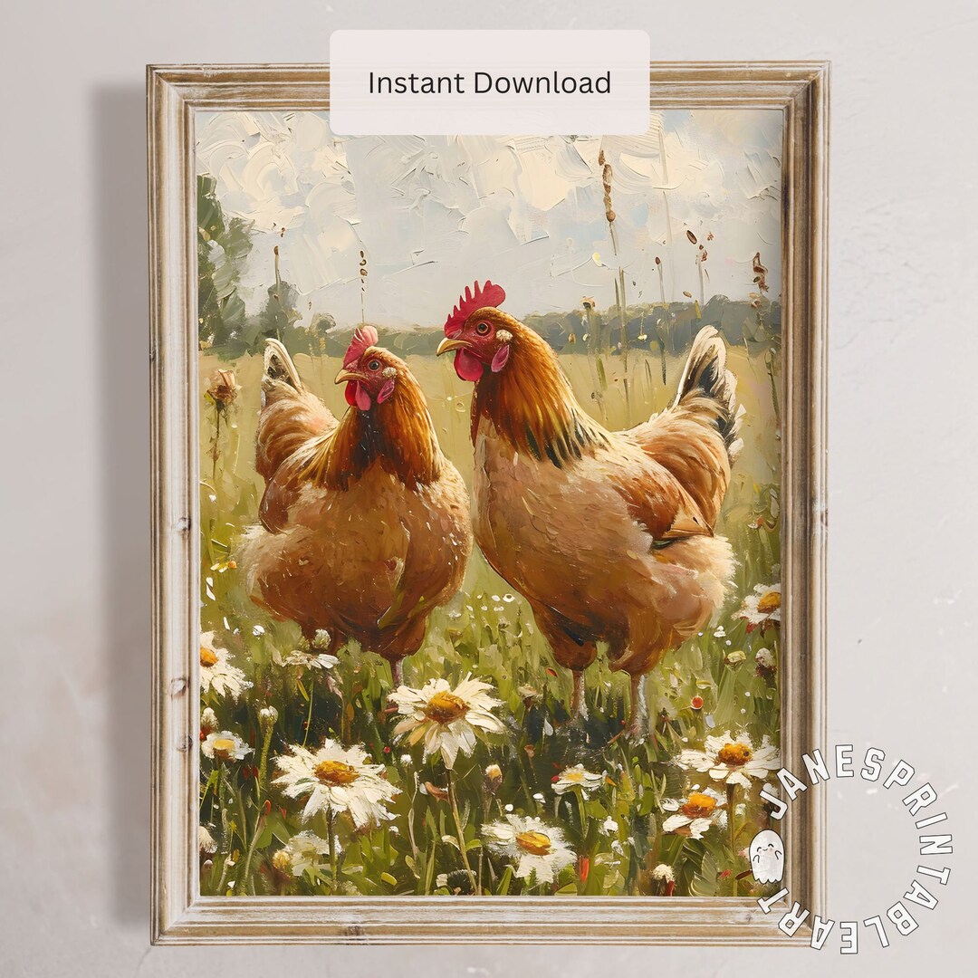 Country Chickens Printable Wall Art, Cute Brown Hens in Daisy Field Digital Download, Pastoral ...