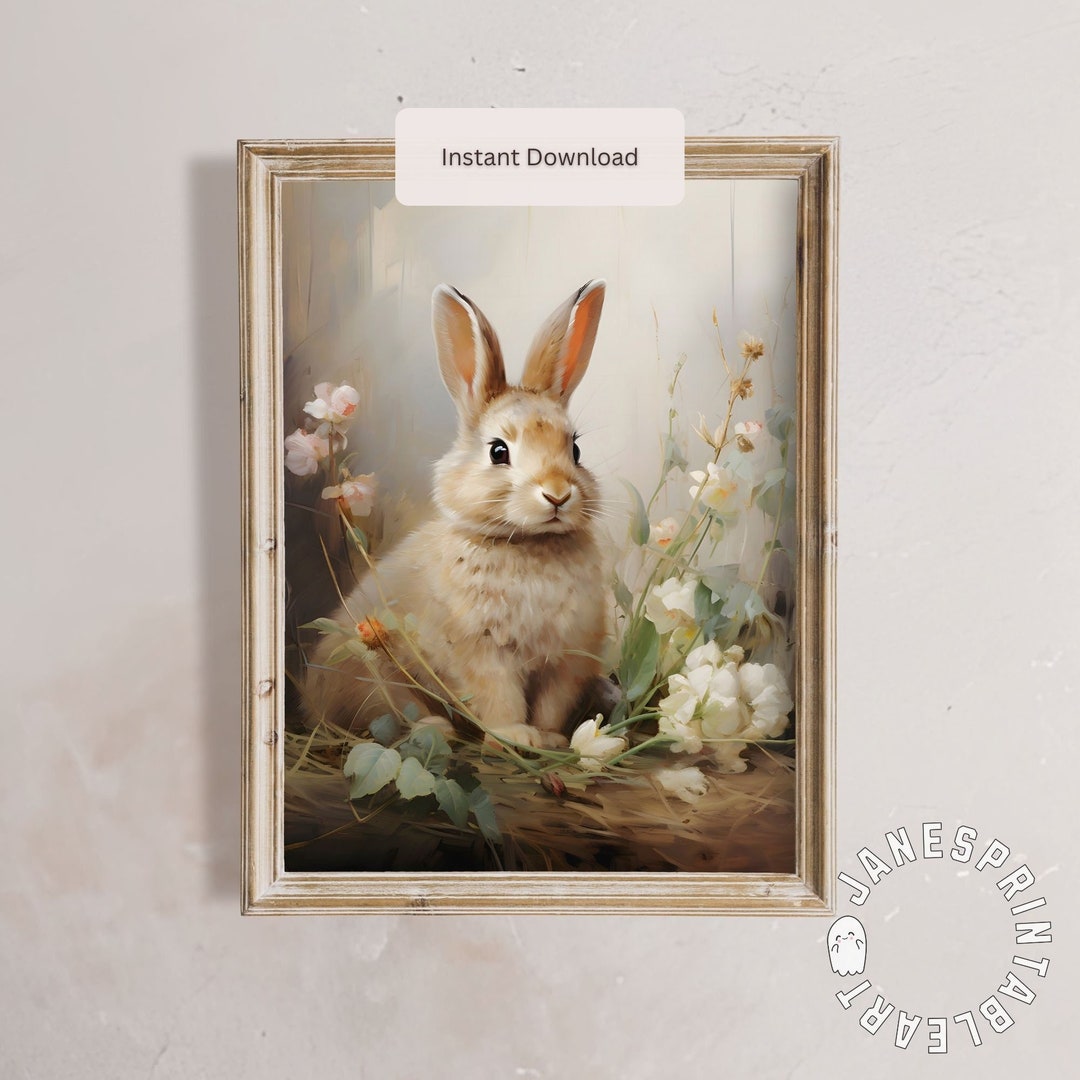 Cute Bunny Rabbit Print, Springtime Wall Decor Digital Download, Floral ...