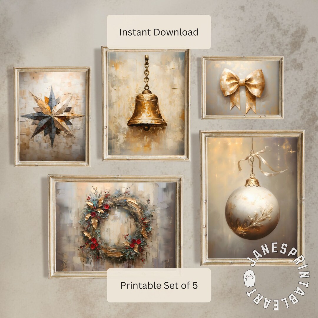 Christmas Gallery Printable Set of 5 Art Pieces, Downloadable Vintage ...