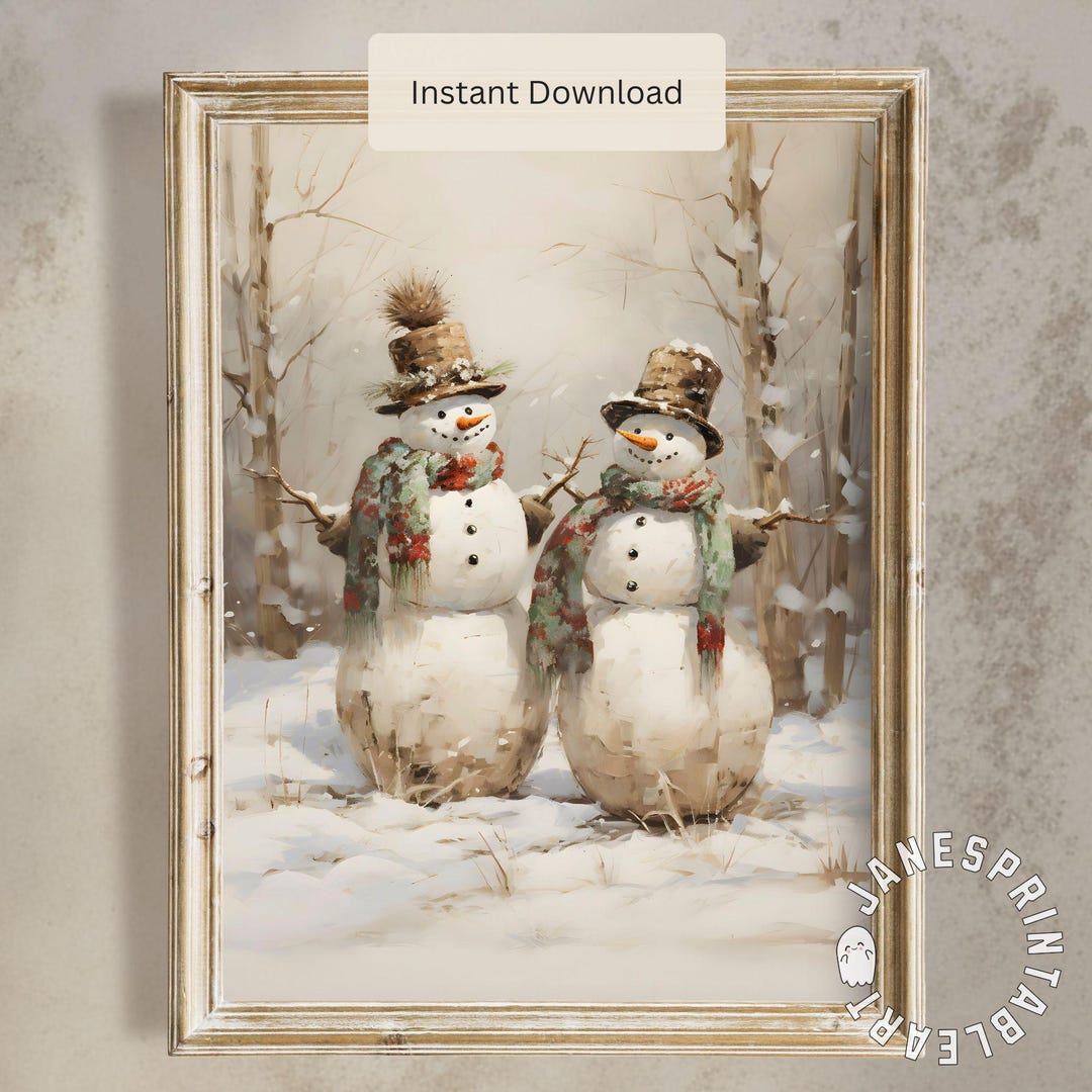 Vintage Snowmen Standing in the Woods, Winter Printable Wall Art ...