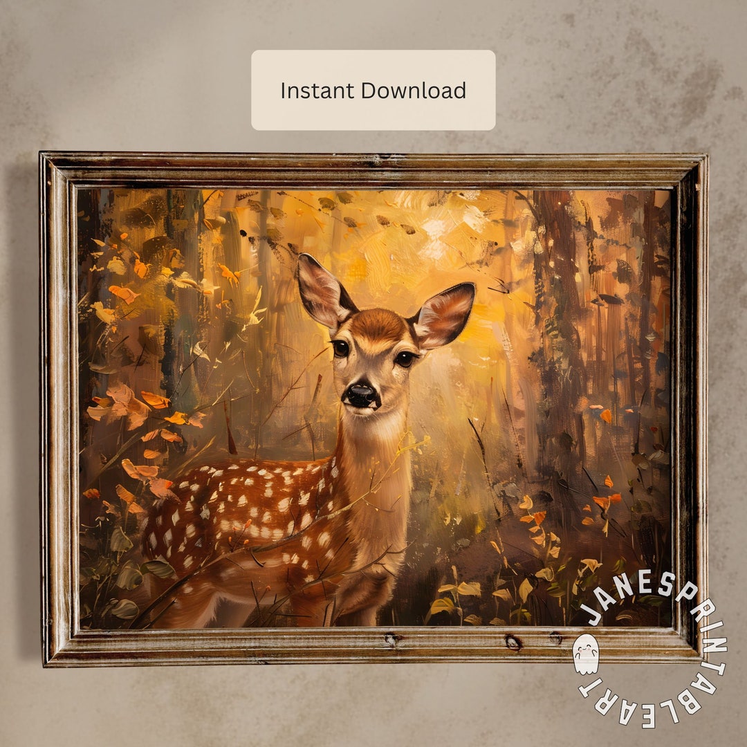 Cute Deer in Fall Forest Landscape Printable Wall Art, Autumn Woodland ...