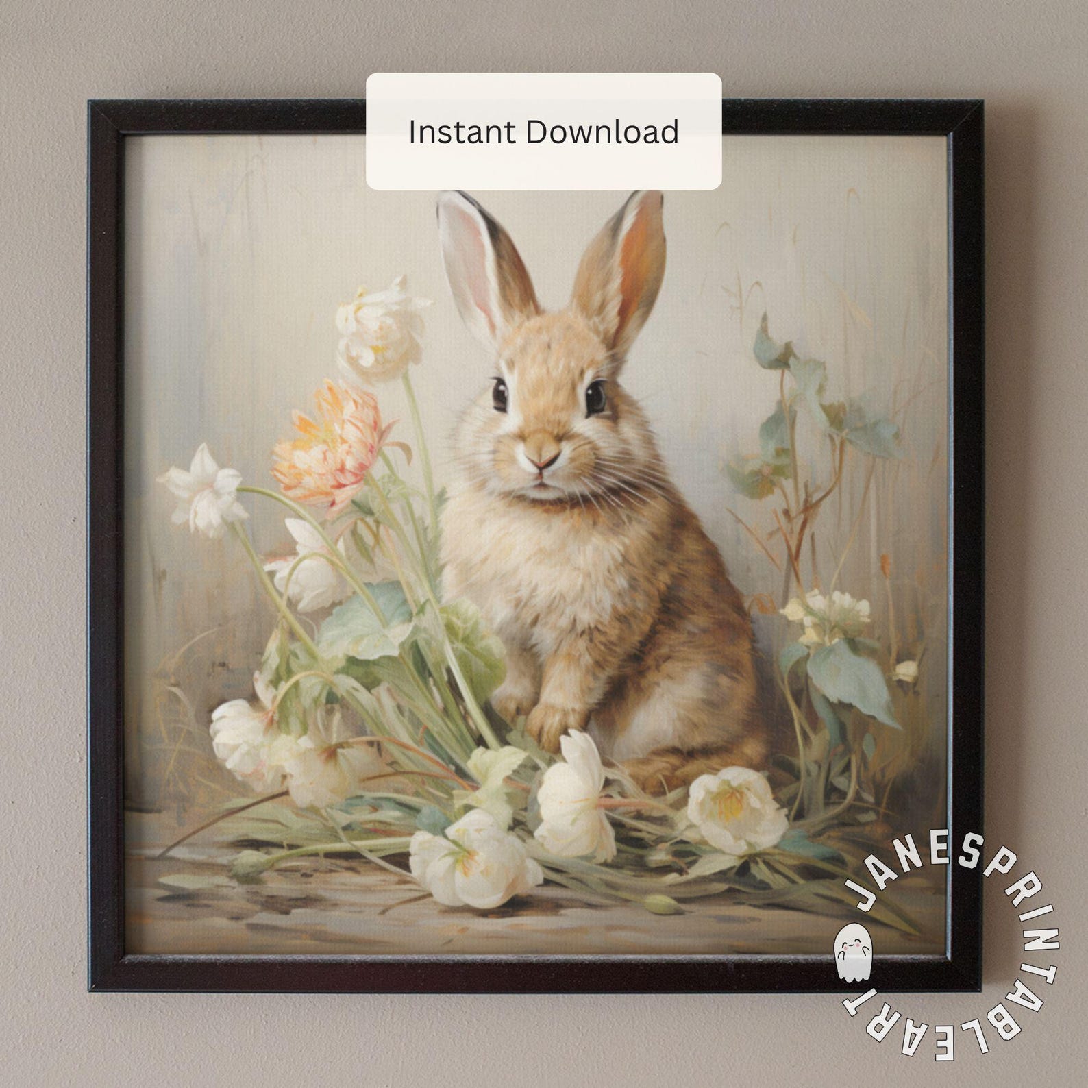 Spring Bunny Rabbit Printable Wall Art Digital Download, Floral Bunny ...