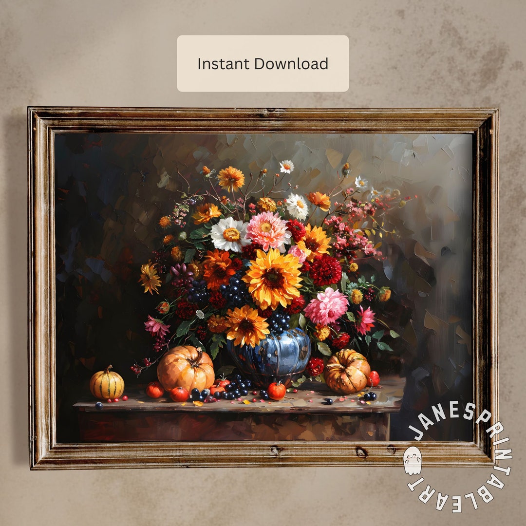 Fall Flowers Still Life Painting Printable Wall Art, Autumn Floral ...
