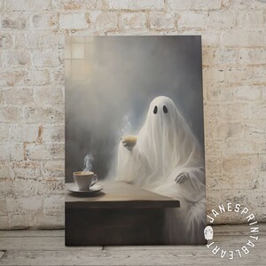 Coffee Lover Ghost | Dark Academia Halloween Print | Ghost Drinking ...