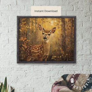 Cute Deer in Fall Forest Landscape Printable Wall Art, Autumn Woodland ...