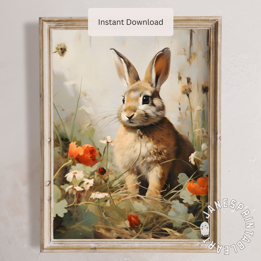 Cute Bunny Rabbit Art Print Digital Download, Baby Bunny in Wildflowers ...