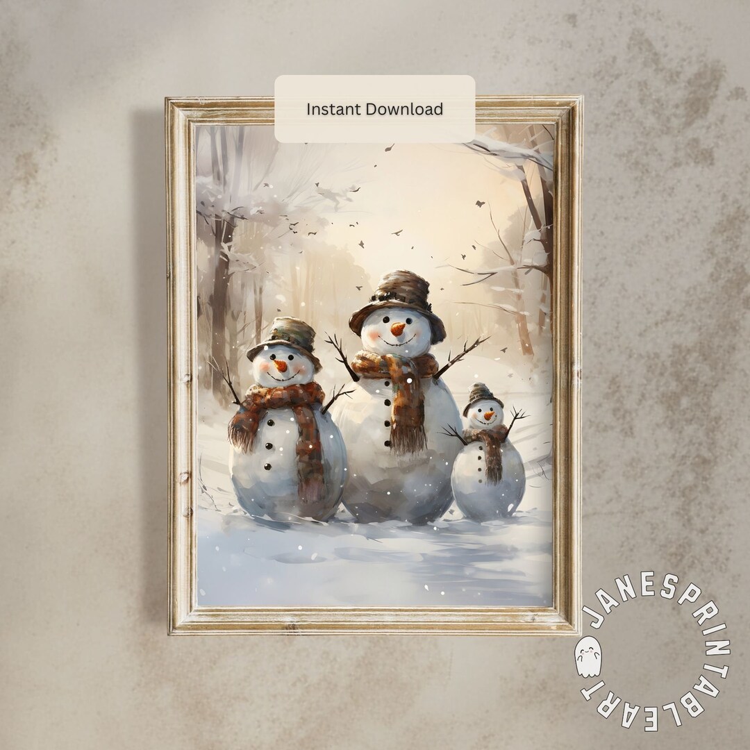 Three Snowmen in Snow Forest Printable Wall Art, Vintage Christmas ...