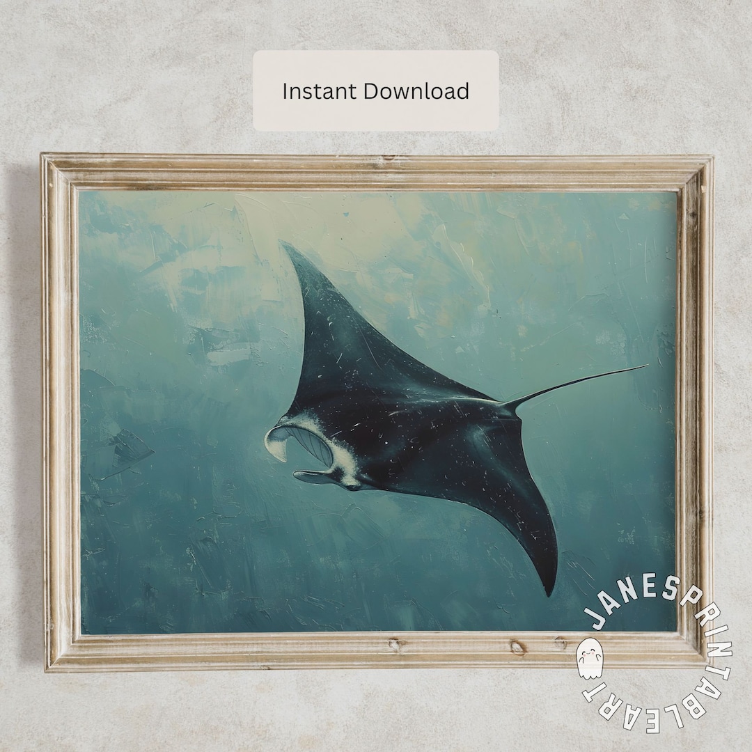 Deep Blue Nautical Printable Wall Art, Vintage Manta Ray Print Digital ...