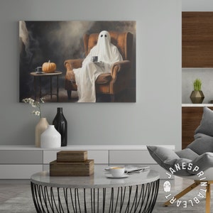 Spooky Coffee Lover Ghost Printable Landscape Halloween Wall Art, Hot ...