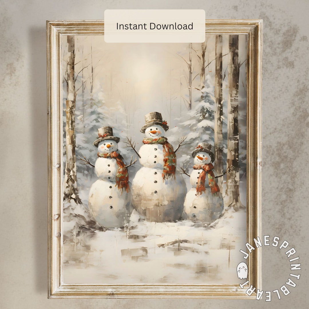 Winter Theme Print of Snowmen in the Snowy Forest, Christmas Muted ...