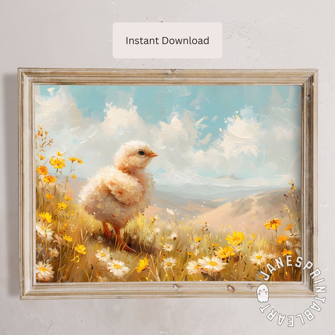 Cute Chick in Spring Landscape Art Print Digital Download, Baby Chicken ...