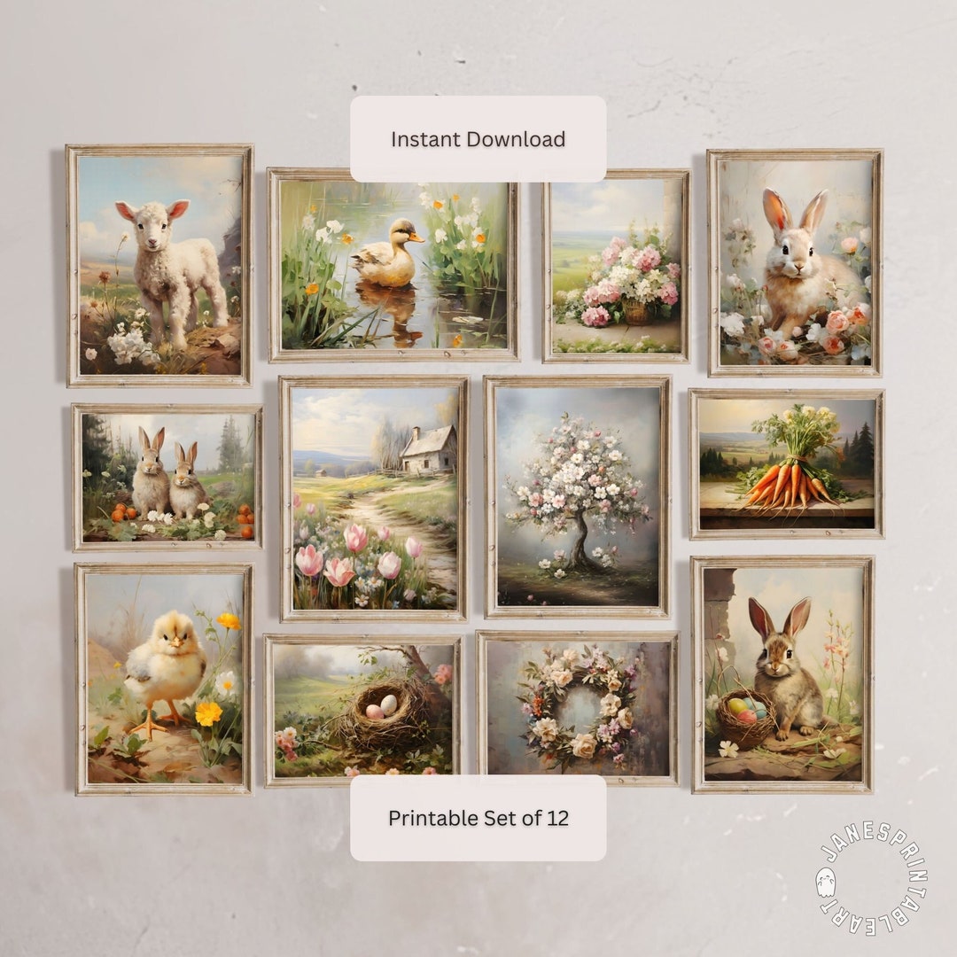 Easter Wall Art Bundle of 12 Pictures, Spring Printable Wall Art Set of ...