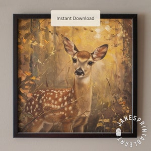 Cute Deer in Fall Forest Landscape Printable Wall Art, Autumn Woodland ...