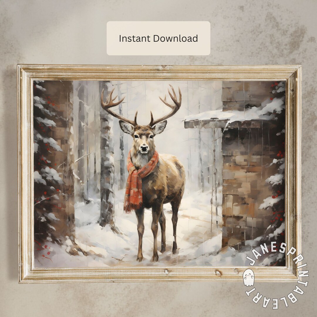 Cozy Winter Print Poster of a Reindeer in a Scarf, Christmas Reindeer ...