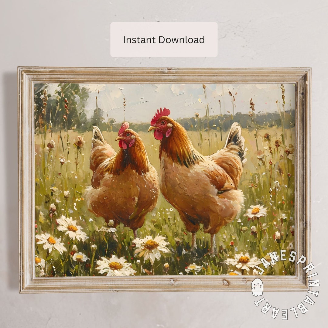 Country Chickens Printable Wall Art, Cute Brown Hens in Daisy Field ...