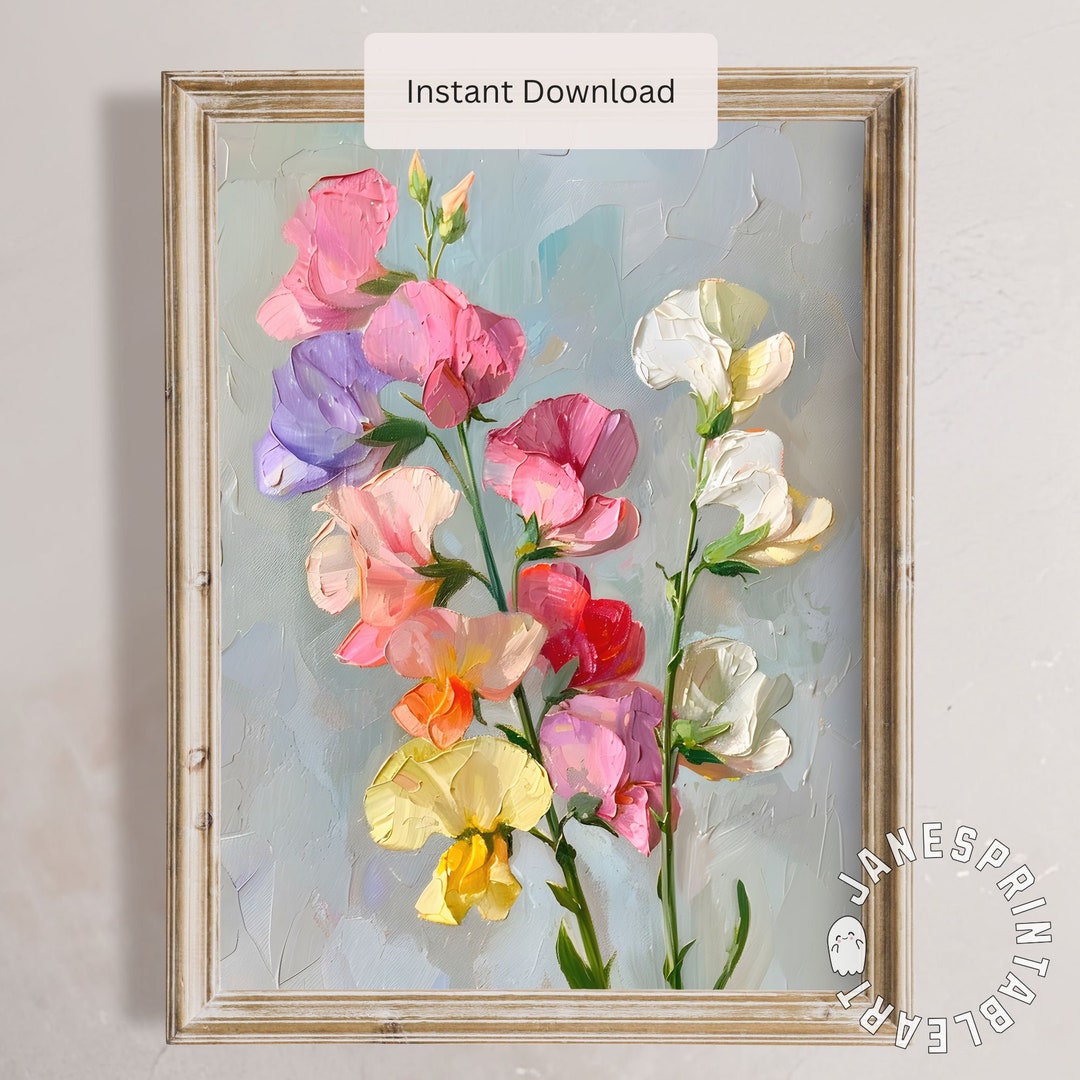 Sweet Pea Flowers Printable Wall Art, Vintage Spring Print Farmhouse ...