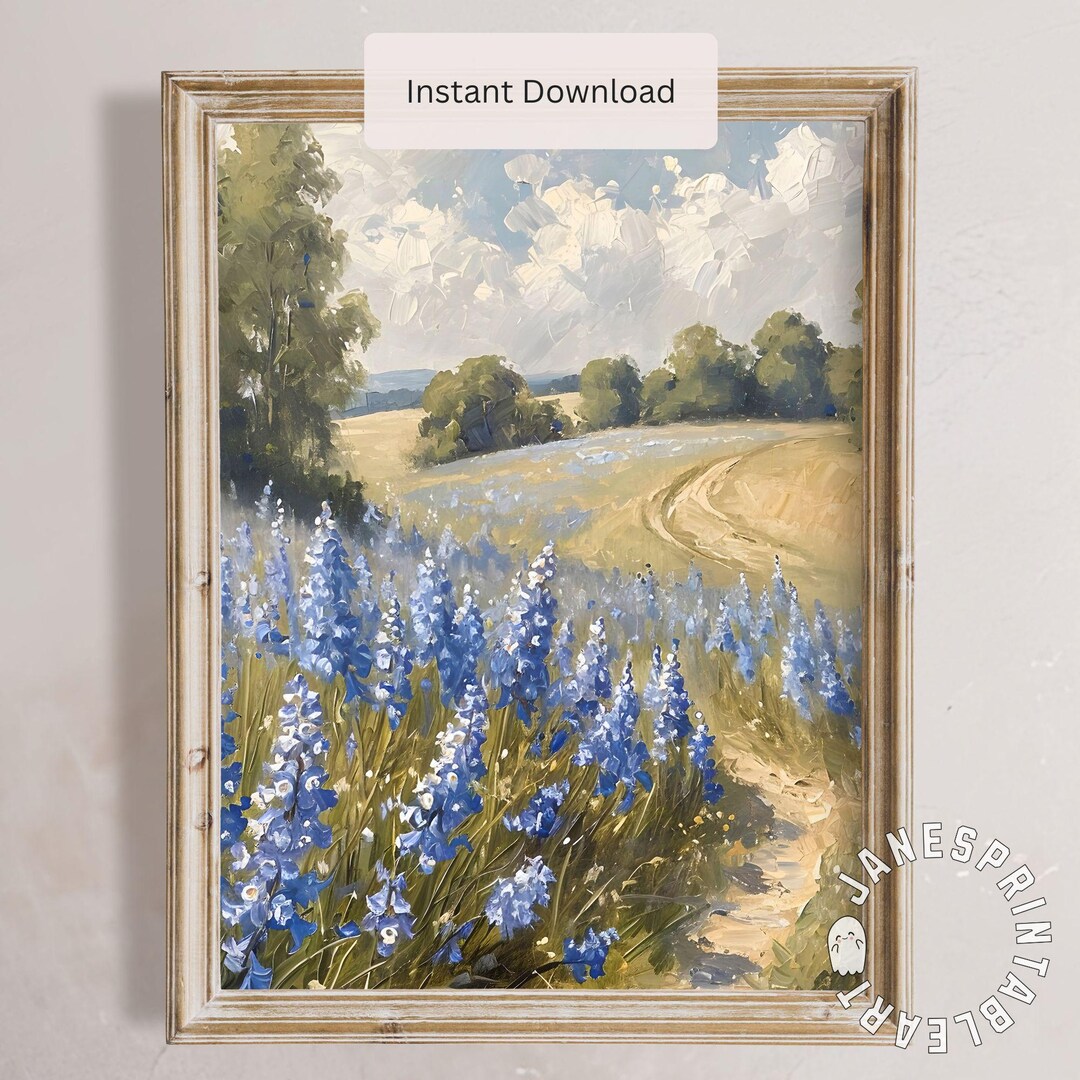 Bluebells Landscape Printable Wall Art, Blue Flowers Oil Painting ...