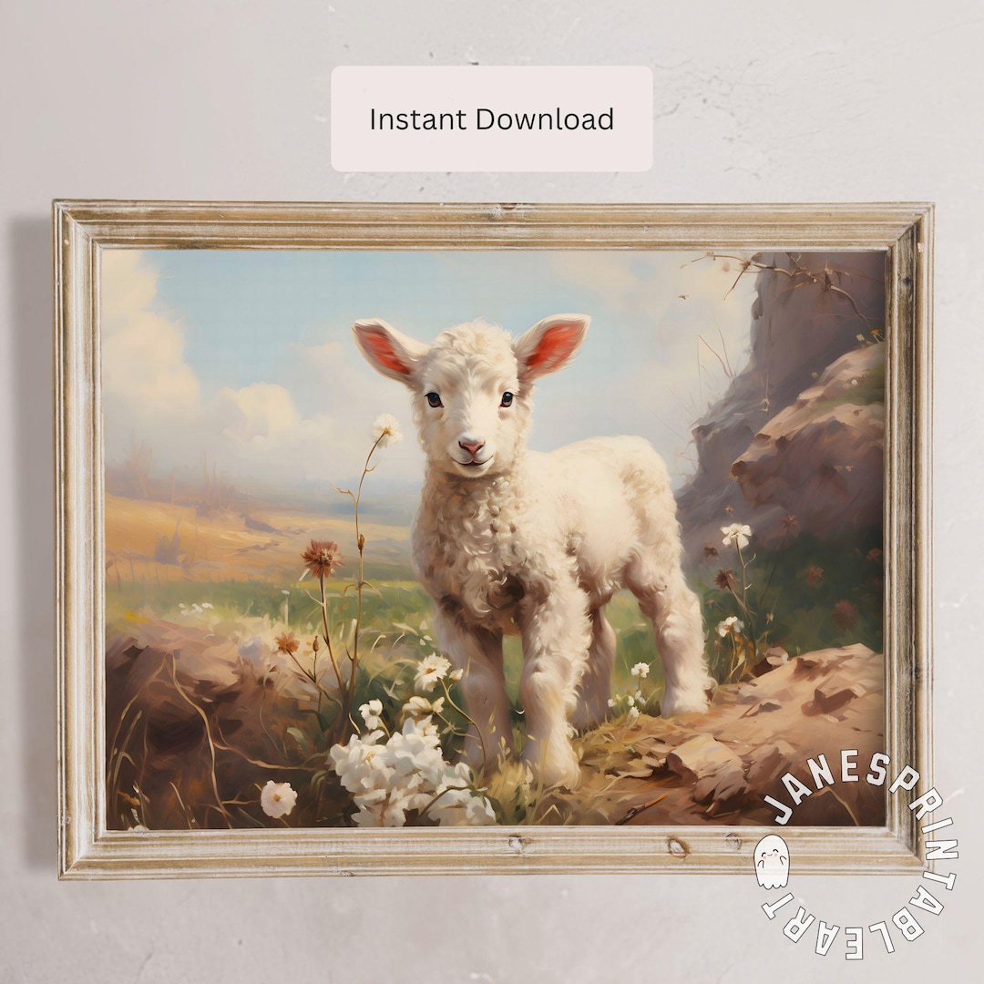 Lamb Oil Painting Printable Wall Art, Cute Spring Farmhouse Wall Print ...