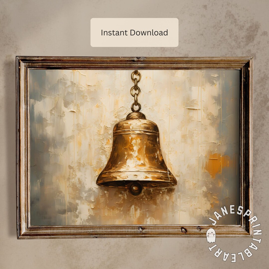 Vintage Christmas Bell Printable Wall Art, Holiday Season Decor Golden ...