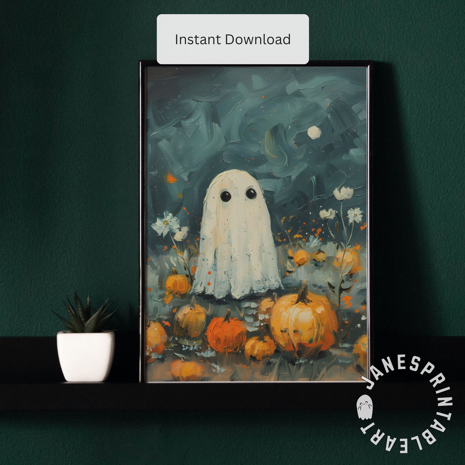 Digital Ghost Pumpkin Patch Printable Wall Art, Blue Orange Spooky ...